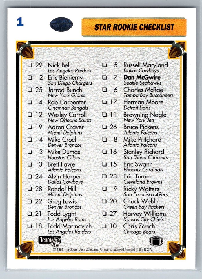 1991 Upper Deck Dan McGwire Rookie Checklist Seahawks RC #1 | eBay