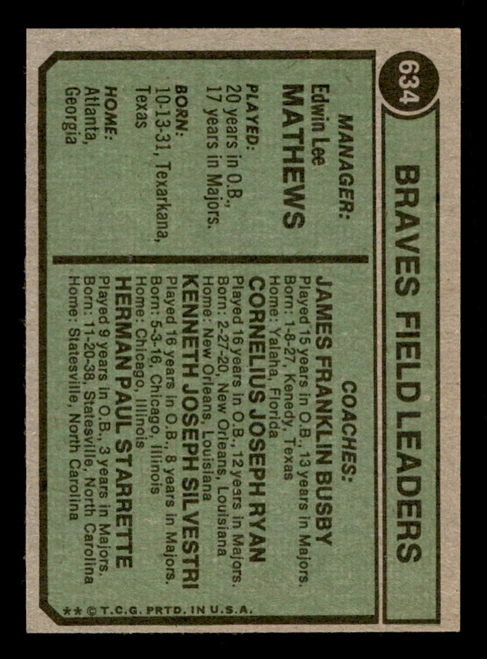 1974 Topps Baseball #634 Braves Mgr./Coaches NM/MT *d2 | eBay