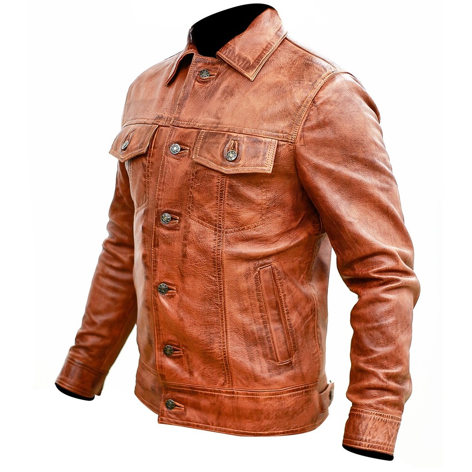Men's Tan Brown Leather Jacket Button Classic Design Retro Trucker ...