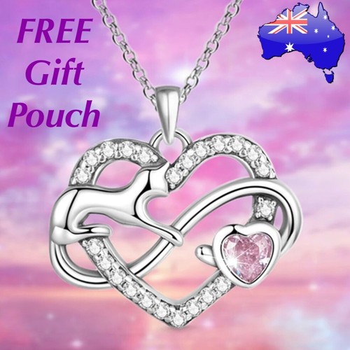 Pink Crystal Love Heart Cat Infinity Pendant 925 Sterling Silver ...