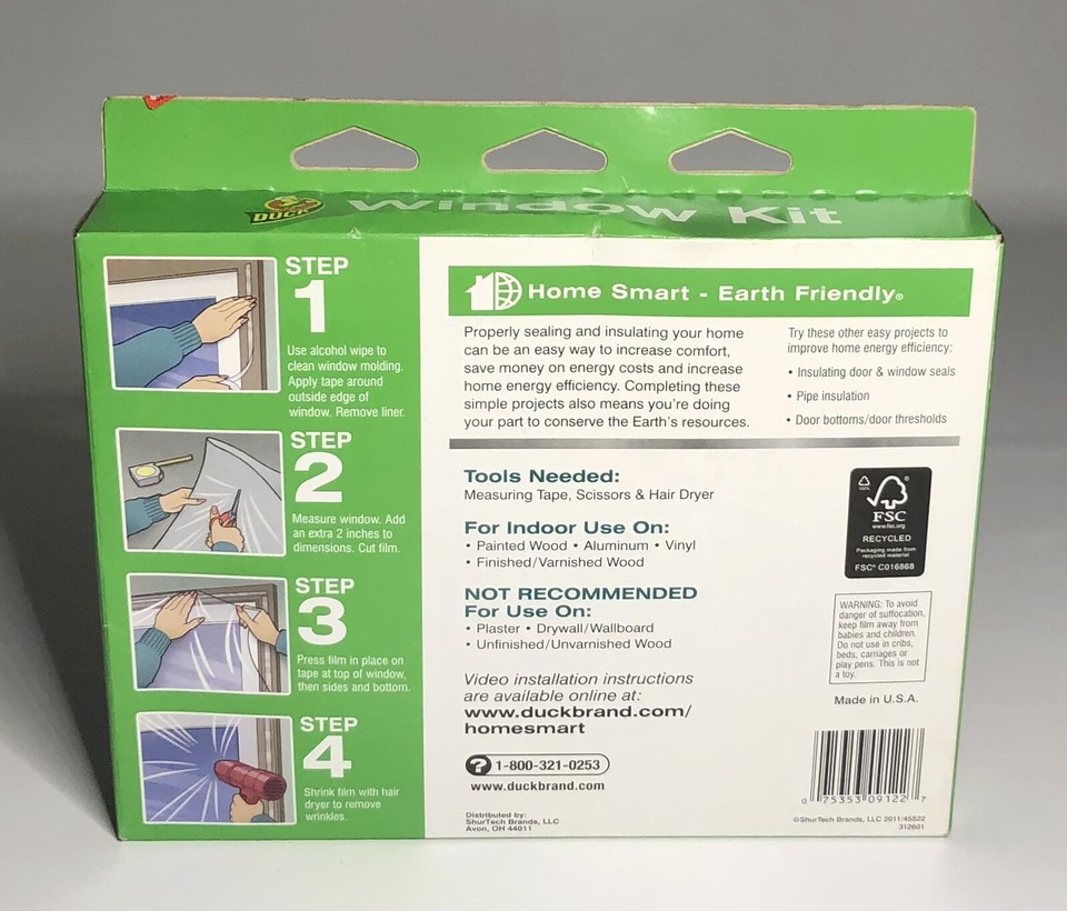 Duck Window Kit Insulates 5 Indoor 3’ x 5’ Windows Complete Shrink Film ...