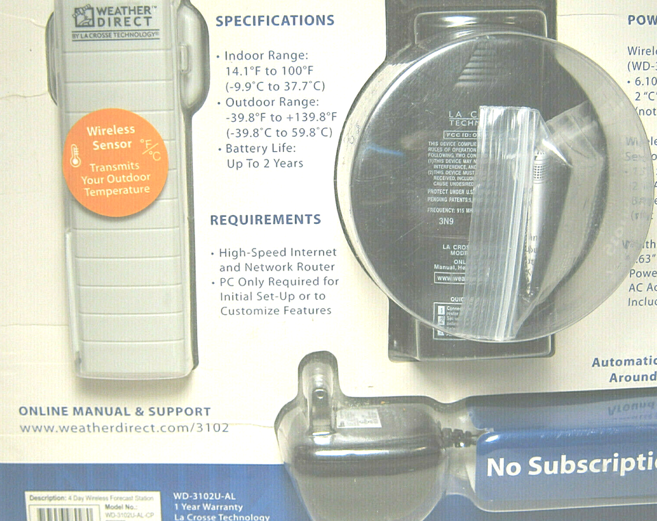 LA CROSSE TECHNOLOGY WEATHER DIRECT WIRELESS WEATHER CENTER MODEL WD ...