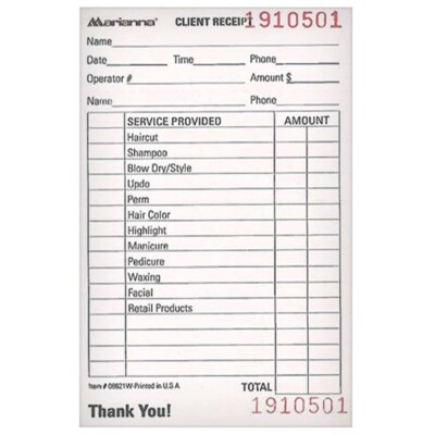 BK-08821W BARBER SALON BEAUTY MARIANNA RECEIPT RECORD NUMBERED TAB ...