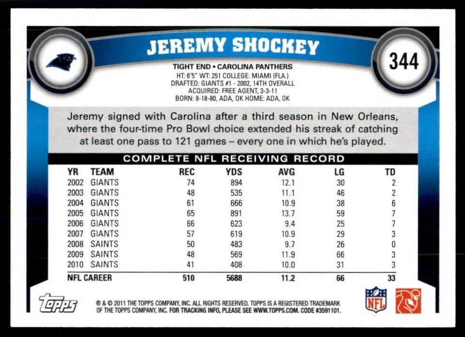 2011 Topps Jeremy Shockey Carolina Panthers #344 1093 | eBay