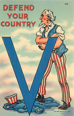 WWII Era Linen Postcard Uncle Sam V Defend Your Country Victory Series ...
