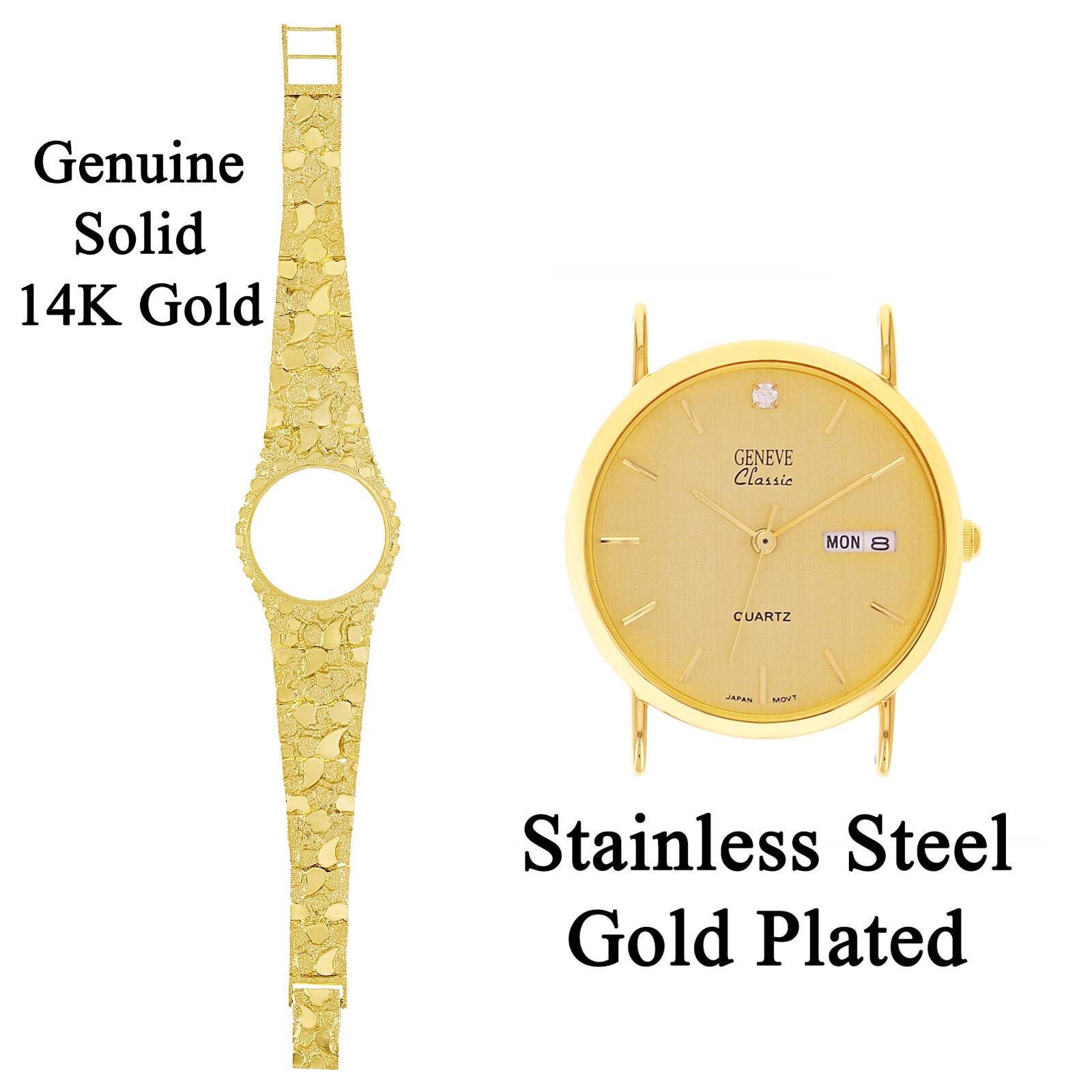 14k Yellow Gold Nugget Link Geneve Wrist Watch with Diamond 7-7.5" 53 ...