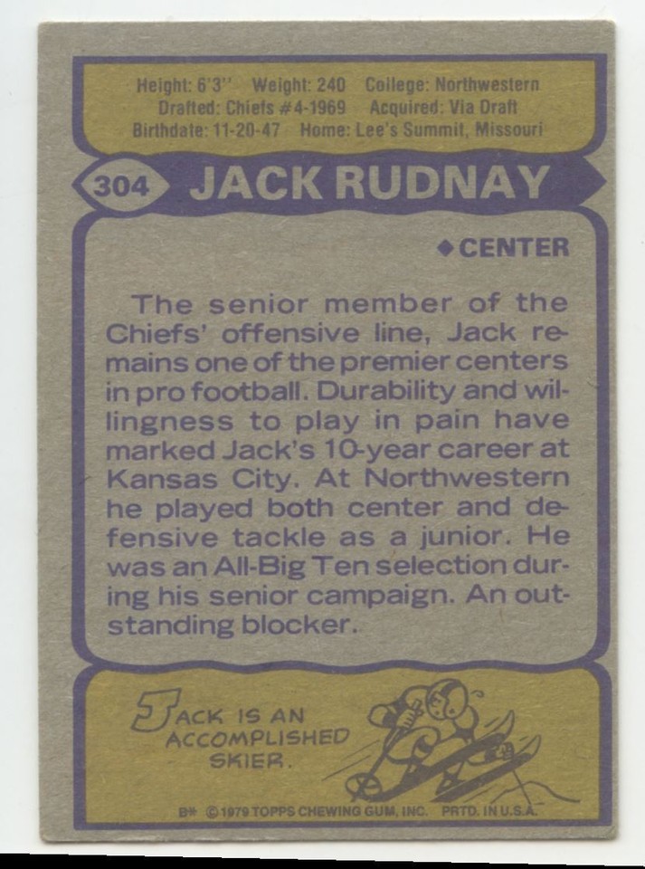 1979 Topps Jack Rudnay Kansas City Chiefs #304 | eBay