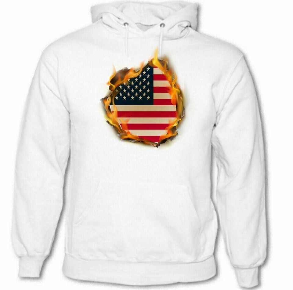 USA National Flag Flames Mens American Hoodie Stars & Stripes 4th of ...