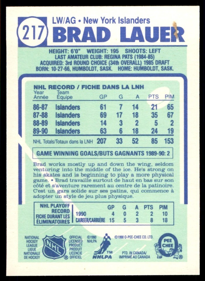 1990-91 O-Pee-Chee Brad Lauer . New York Islanders #217 | eBay