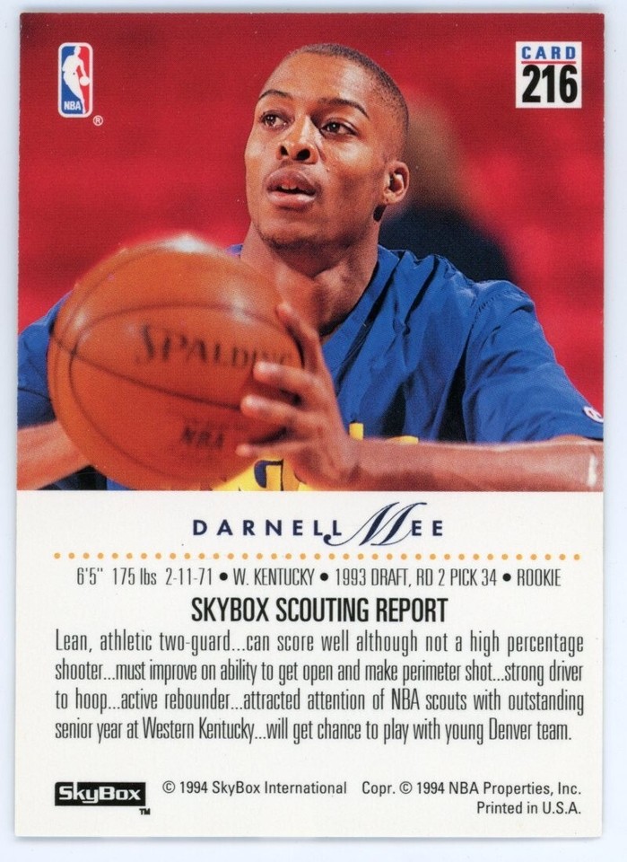 1993-94 SkyBox Premium Denver Nuggets Basketball Card #216 Darnell Mee ...