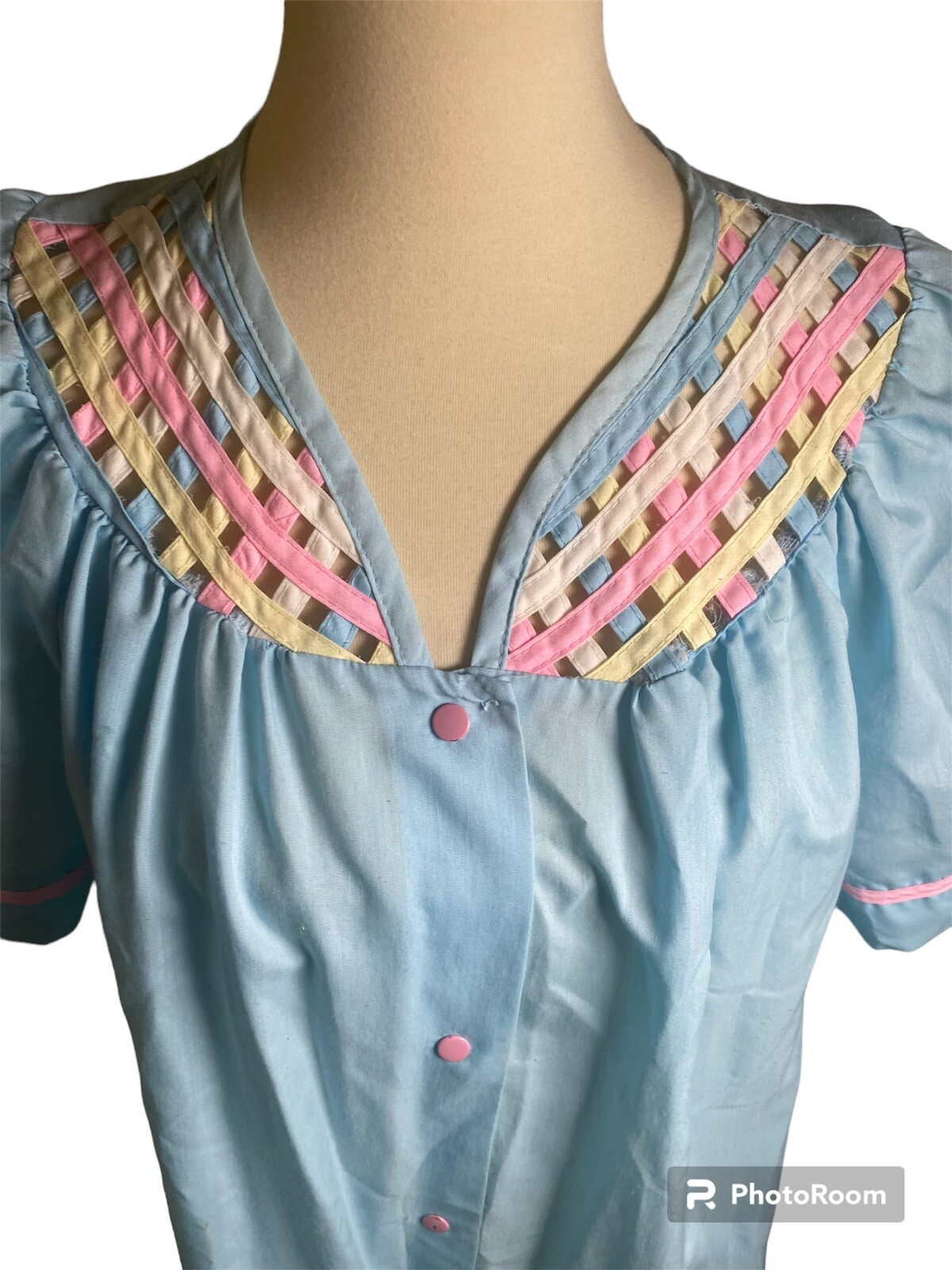 Vintage 70s Blue House Dress With Criss Cross Pattern… - Gem