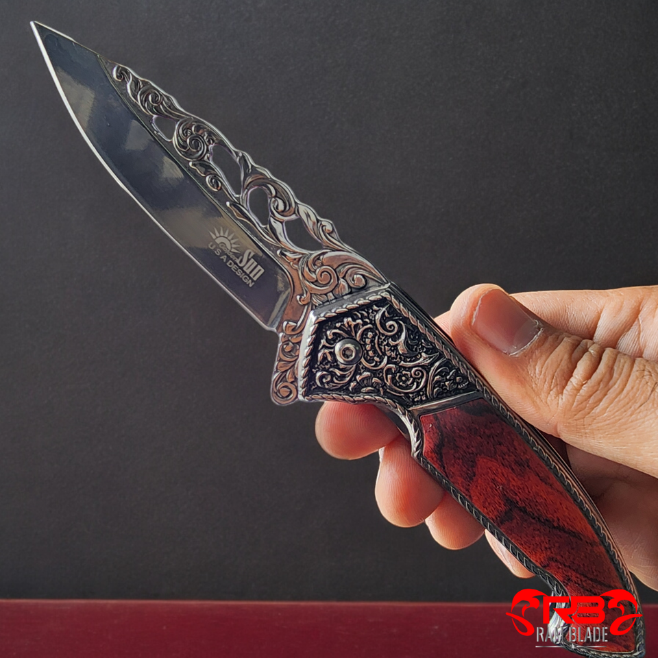 8" ART BLADE RED WOOD HANDLE TACTICAL SPRING ASSISTED FOLDING OPEN ...