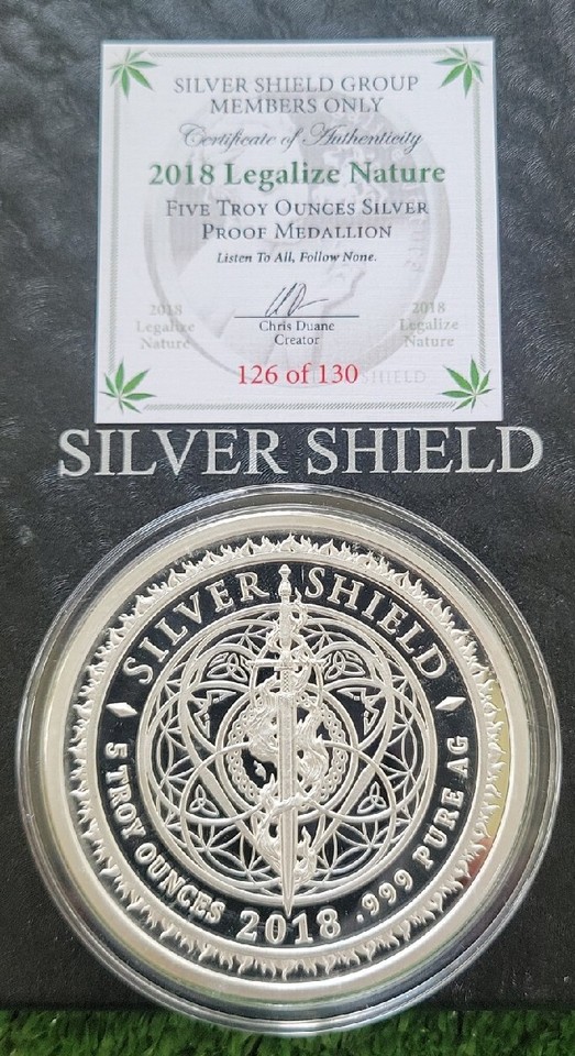 5 OZ .999 PURE SILVER SHIELD PROOF LEGALIZE NATURE FREEDOM ROUND COIN ...