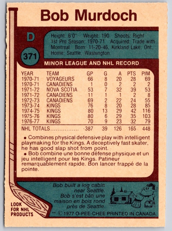 BOB MURDOCH 1977-78 O-PEE-CHEE 77-78 NO 371 NRMINT+ 54410 | eBay