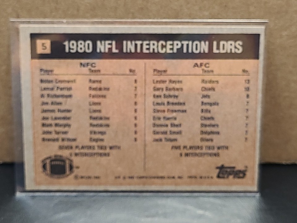 1981 Topps #5 NFL Interception Leaders Nolan Cromwell / Lester Hayes ...