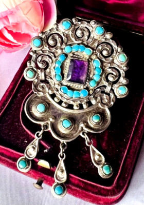 MATL MATILDE POULAT ANTIQUE BROOCH MEXICAN 925 AMETHYST TURQUOISE. | eBay