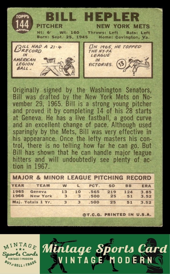 1967 Topps - Bill Hepler - #144 New York Mets | eBay
