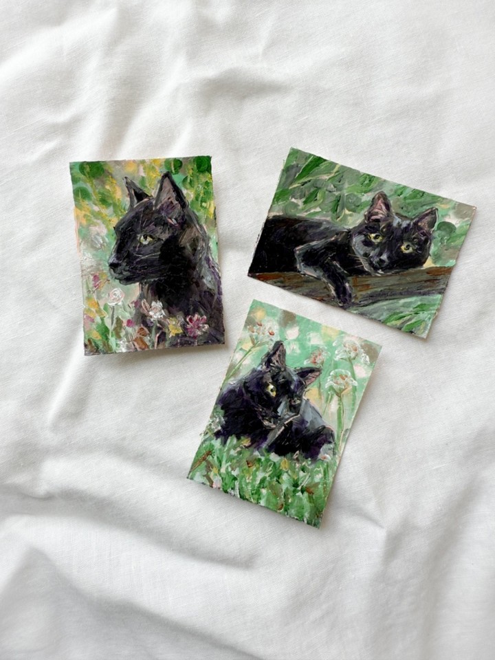 Black Cat 1 Original Miniature Oil Painting by R.Machan 2.5"x3.5 ...