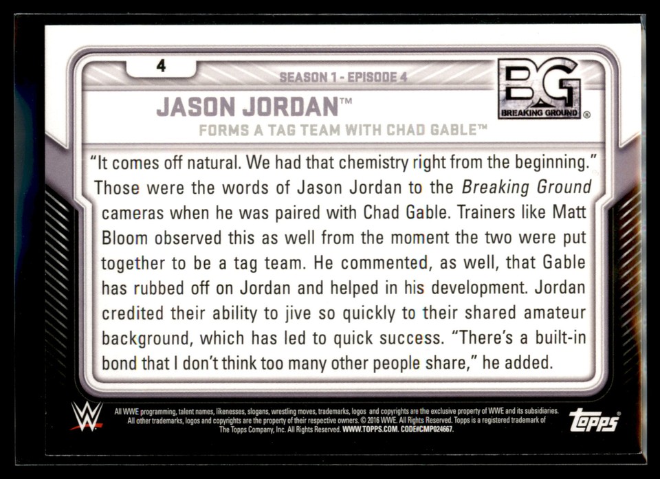 2017 Topps WWE Wrestling Breaking Ground Insert #4 Jason Jordan - Forms ...