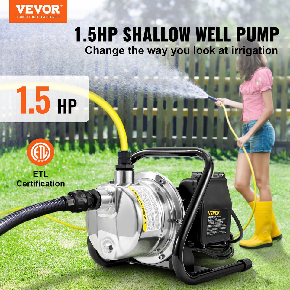 VEVOR 1.5HP Booster Water Jet Pump 1" Portable Shallow Well Pump 164ft ...