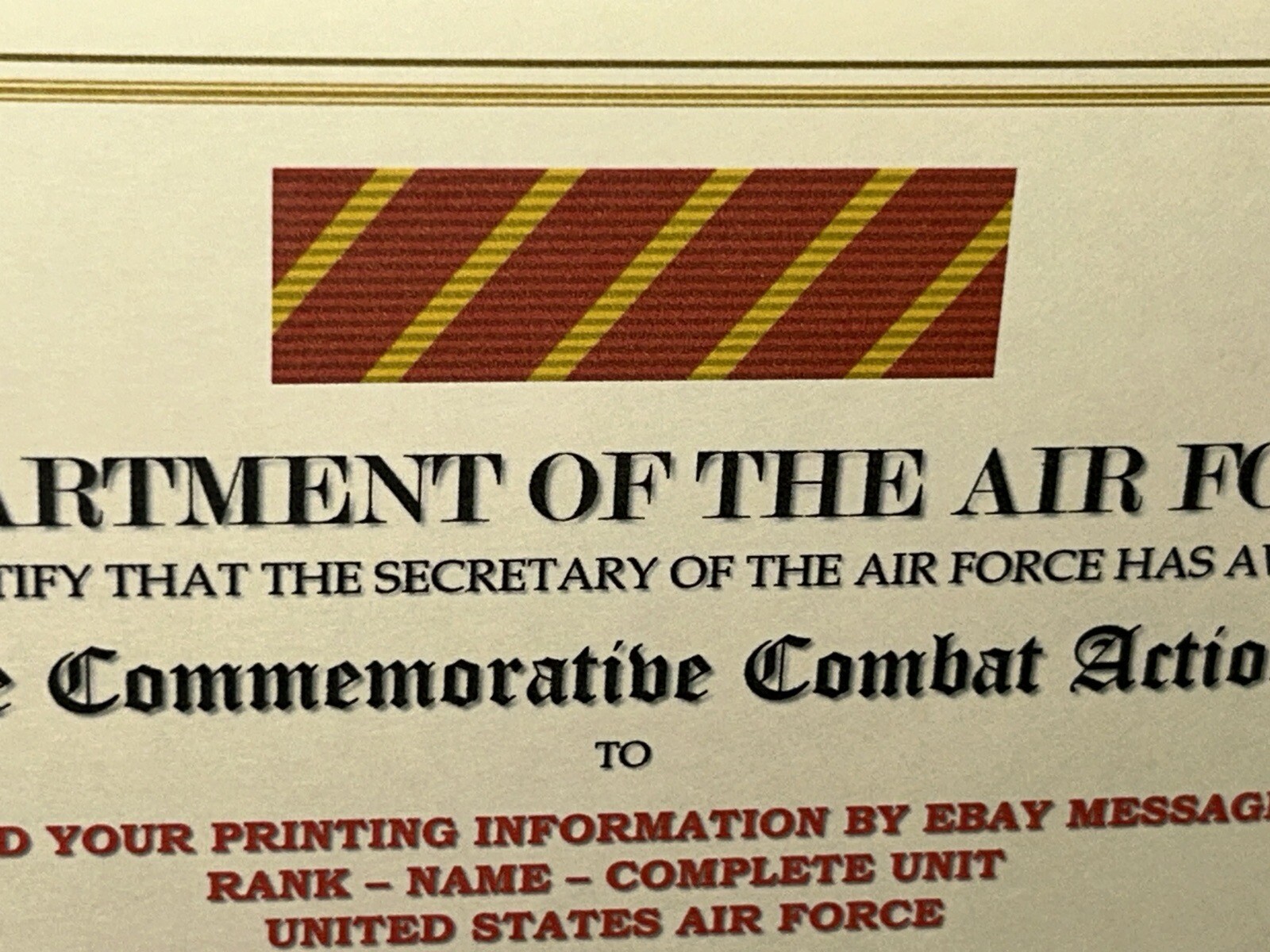 U.S. AIR FORCE COMBAT ACTION COMMEMORATIVE MEDAL CERTIFICATE ~ W ...