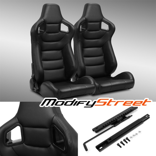 2 x BLACK/SIDE CARBON FIBER MIX PVC LEATHER L/R RACING BUCKET SEATS ...