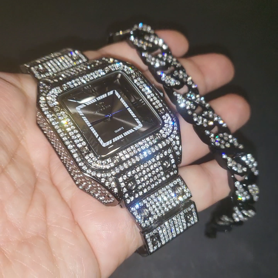 SIMULATED DIAMOND METAL SQUARE HIP HOP BLACK BLING WATCH & ICED CUBAN ...