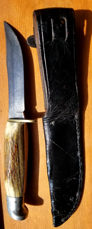 VINTAGE WESTERN USA L66 BONE STAG FIXED BLADE KNIFE WITH LEATHER SHEATH ...