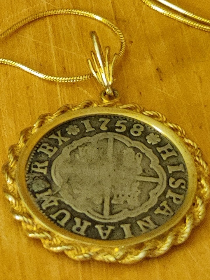 1758 Shipwreck Silver 2Reale Pendant, 20" 18KGF Gold Filled Chain. w ...