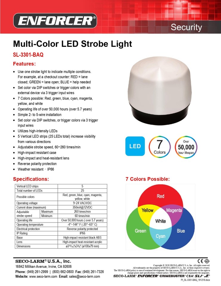 Seco-Larm SL-3301-BAQ ENFORCER Multi-Color LED Strobe Light, 7 Colors ...