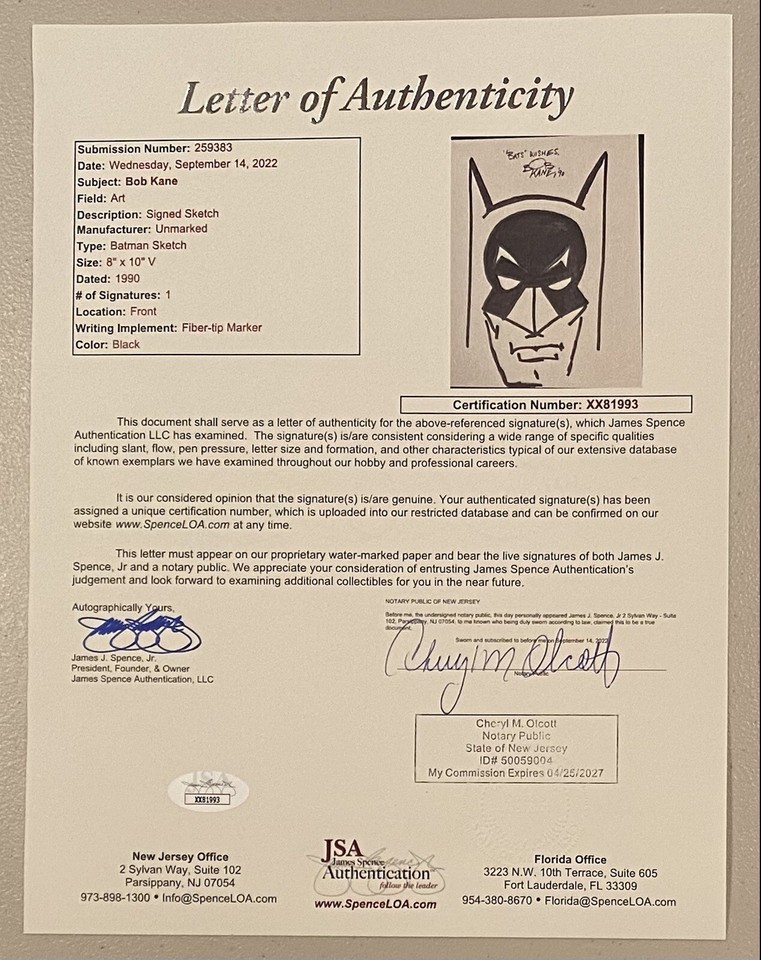 Bob Kane Signed Autographed Batman Sketch On 8x10 Card Full JSA Letter ...