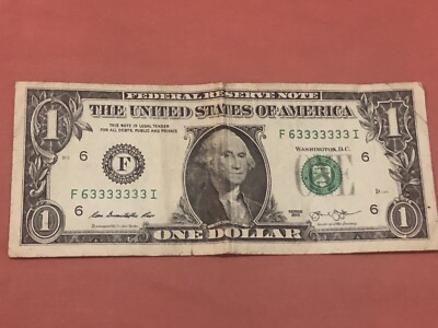 RARE Fancy serial number dollar bill. Super 3! F 63333333 I. | eBay