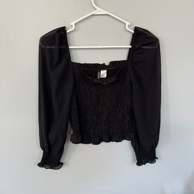 H&M Divided Solid Black Seersucker Crop Top Size XS Semi Sheer Puff Sleeve | eBay