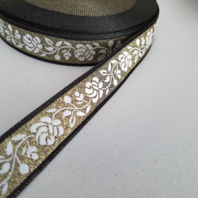 Metallic White Rose Jacquard fabric trim 1 inch wide sold by the yard ...