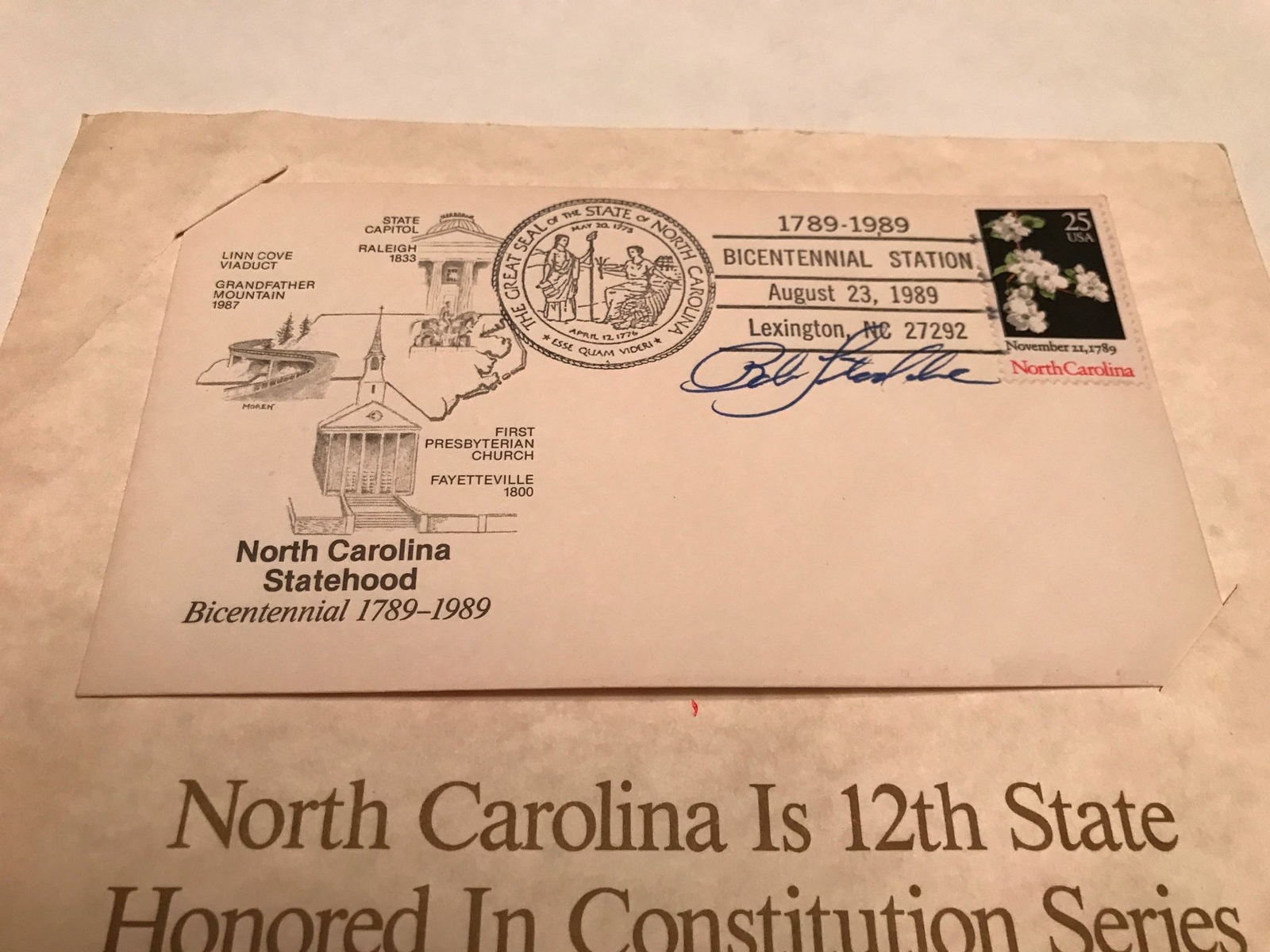 North Carolina Statehood 1789-1989 stamp Lexington NC Bob Timberlake ...