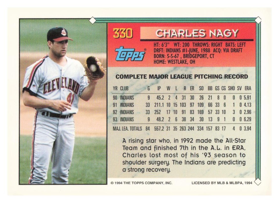1994 Topps #330a Charles Nagy | eBay