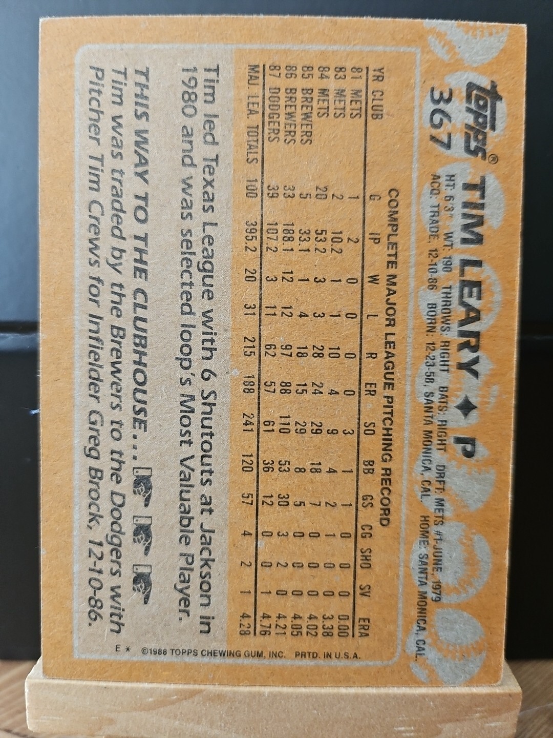 1988 Topps - #367 Tim Leary for sale online | eBay