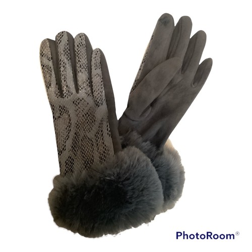 GLOVES Womens Faux Snake Print Suede Faux Fur Trim Grey Gloves New! | eBay
