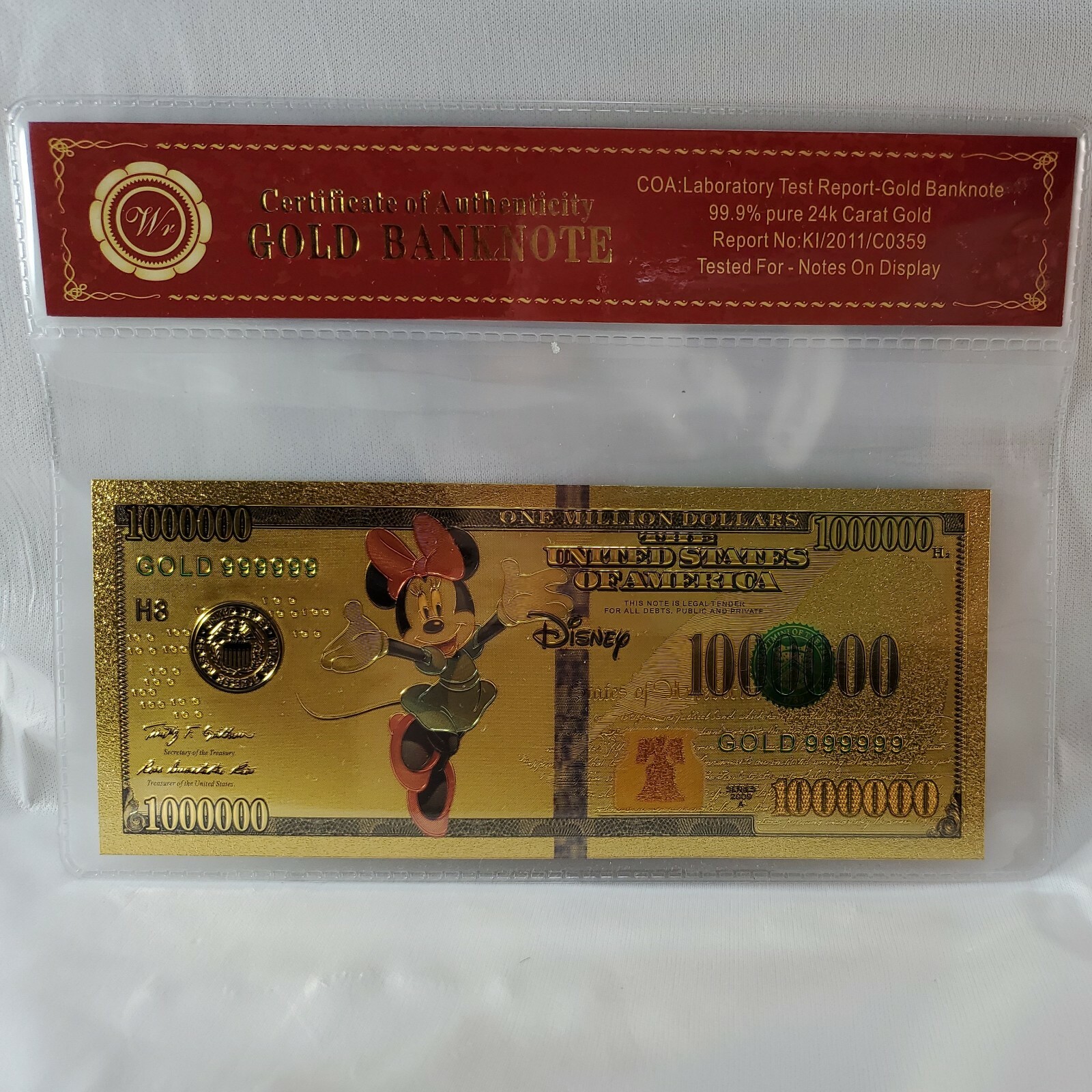 Disney Minnie Mouse One Million Dollars - Wr COA Gold Banknote - 99.9% ...