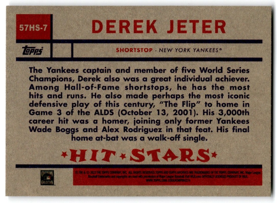 2023 ARCHIVES 57 HIT STARS DEREK JETER. NEW YORK YANKEES #57HS-7 | eBay