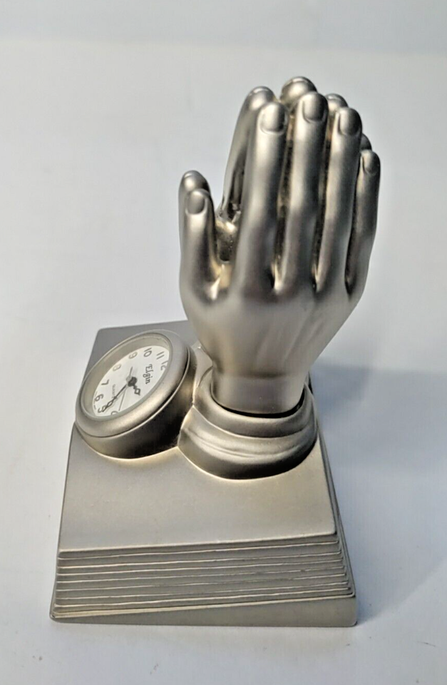 Elgin Mini Desk Shelf Clock Praying Hands Quartz Movement Solid Metal ...
