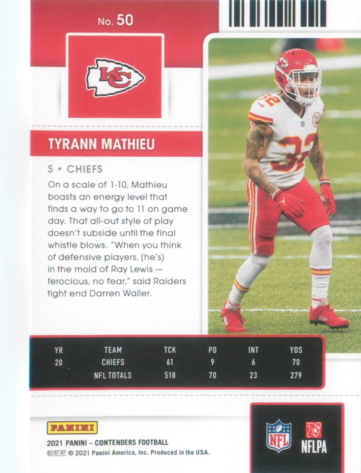 Tyrann Mathieu 2021 Contenders Football Season Ticket Card#50 Kansas ...