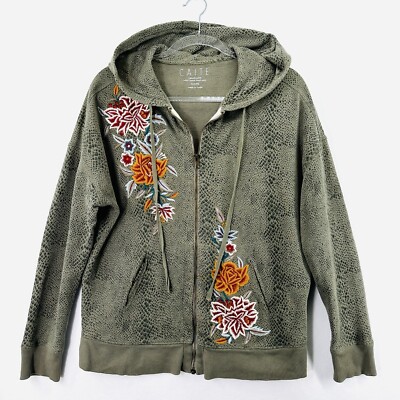 Caite Full Zip Hoodie Floral Embroidered Zip Jacket Boho Green Size S ...