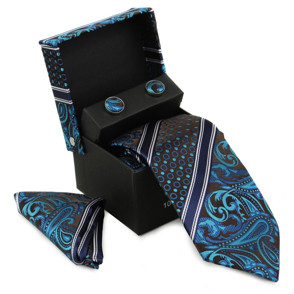 Men's Pure Premium Silk Formal Neck Tie Cuff Links Handkerchief Gift ...