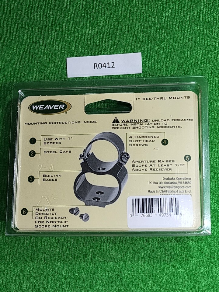 R0412 Weaver 49734 1” Silver See-Thru Scope Mount Rings for Ruger 10/22 ...