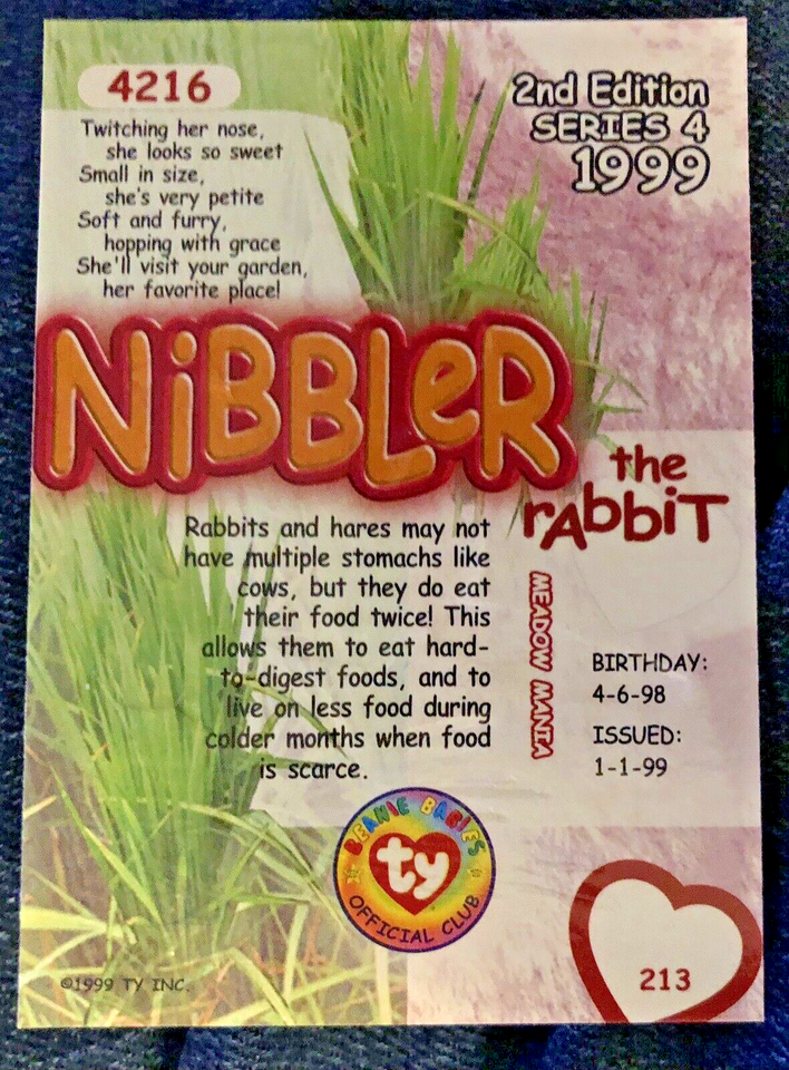 1999 Beanie Babies Series IV (4) 2nd Edition Nibbler RABBIT # 213 Card ...