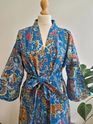 Indian Turquoise Kantha Quilted Cotton Kimono Sleepwear Night Suit ...