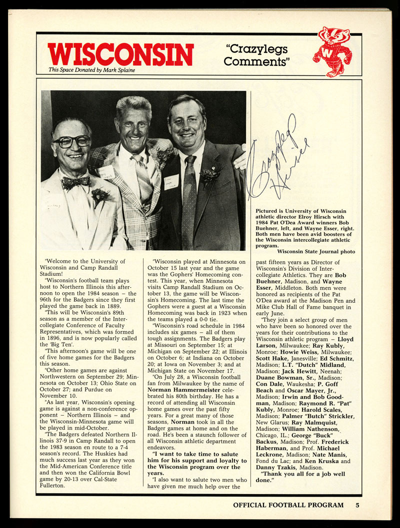 1984 AUTOGRAPHED WISCONSIN FOOTBALL PROGRAM~DAVE McCLAIN (d. 1986 ...