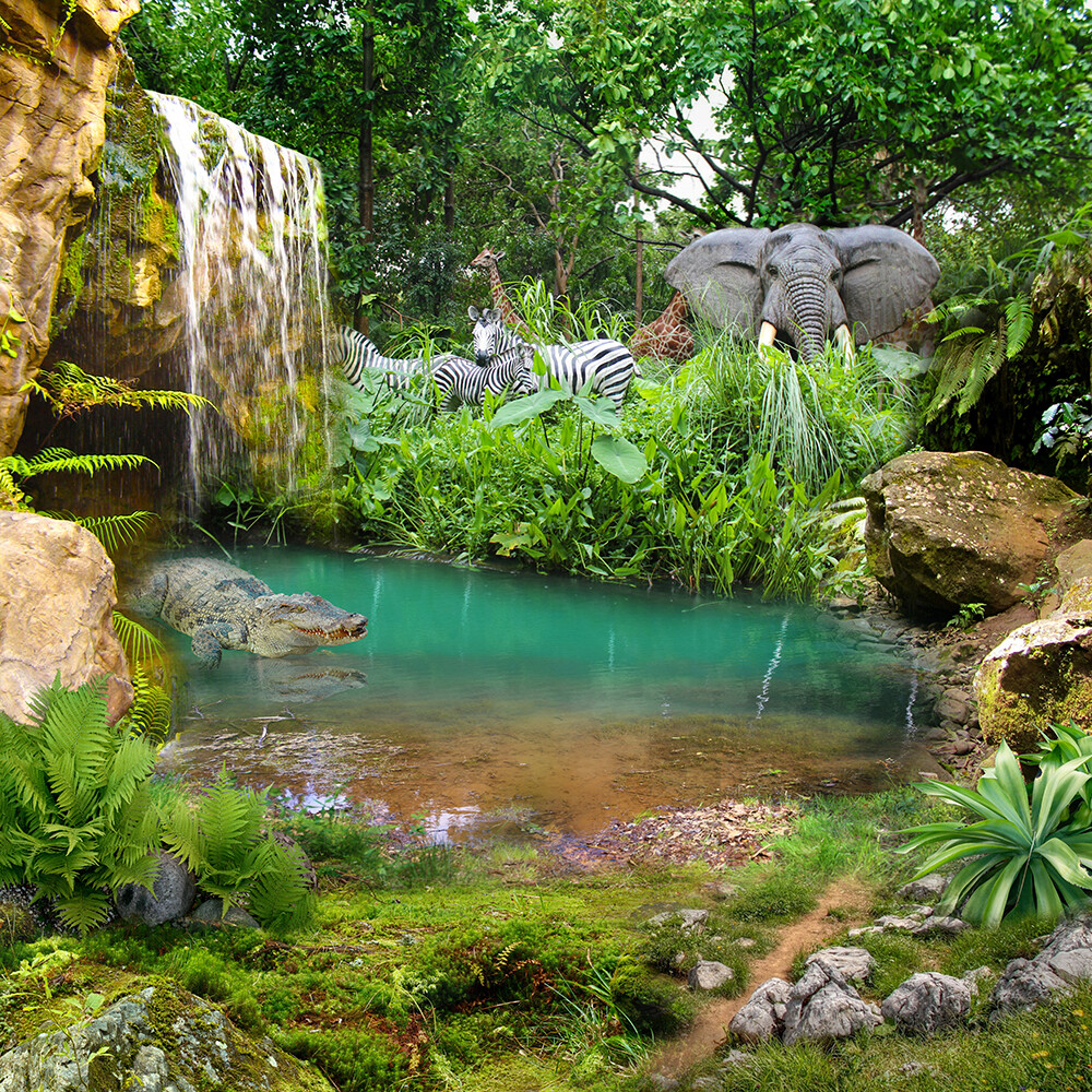Tropical Rainforest Waterfalls With Animals
