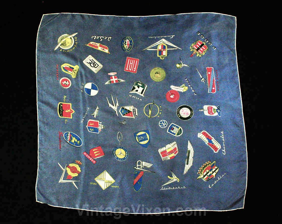 1950s Novelty Print Silk Scarf - Amazing Vintage Cars Print Logos ...